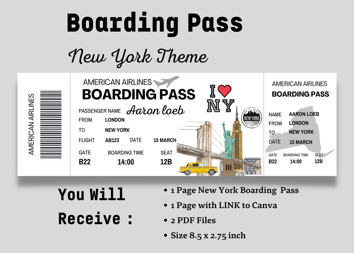 New York Boarding Pass, Editable Boarding Pass, Vacation Ticket ...