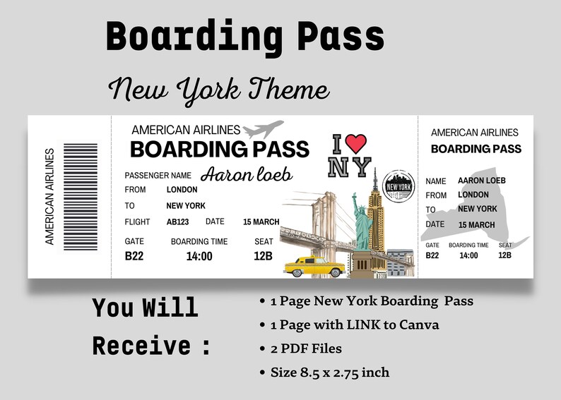 New York Boarding Pass, Editable Boarding Pass, Vacation Ticket ...
