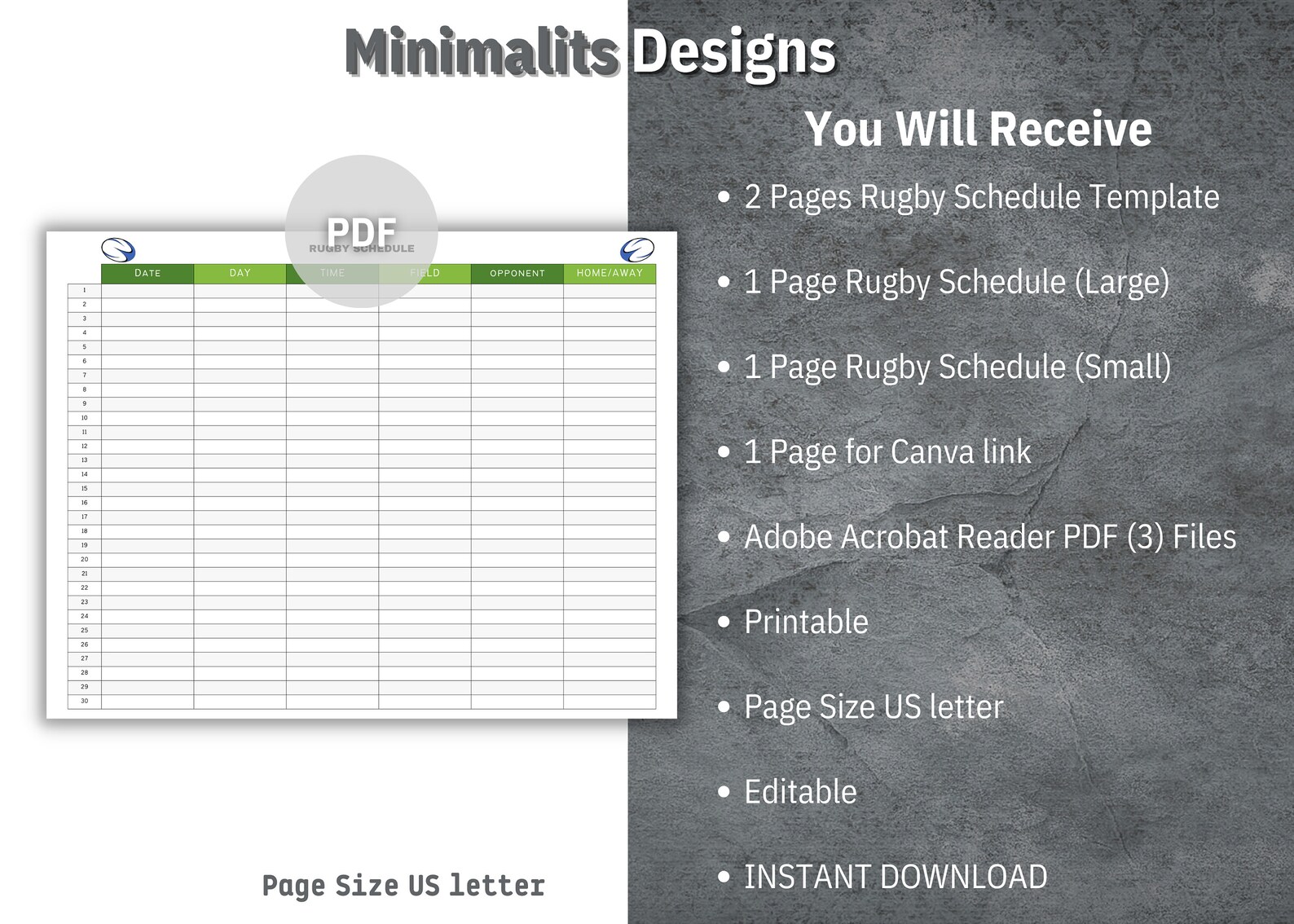 Rugby Schedule Template, Printable Rugby Schedule, Editable Rugby Game ...