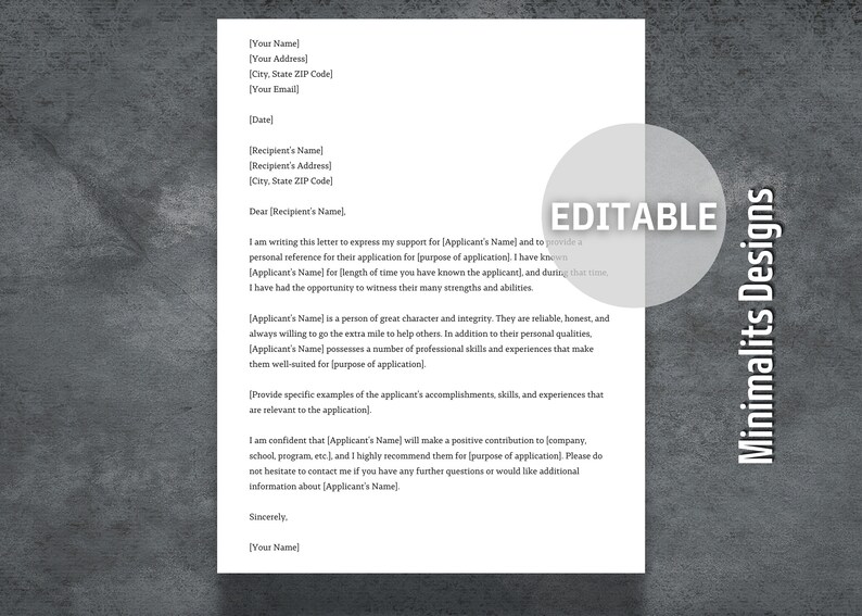 Personal Reference Letter, Supporting Letter, Printable Reference ...