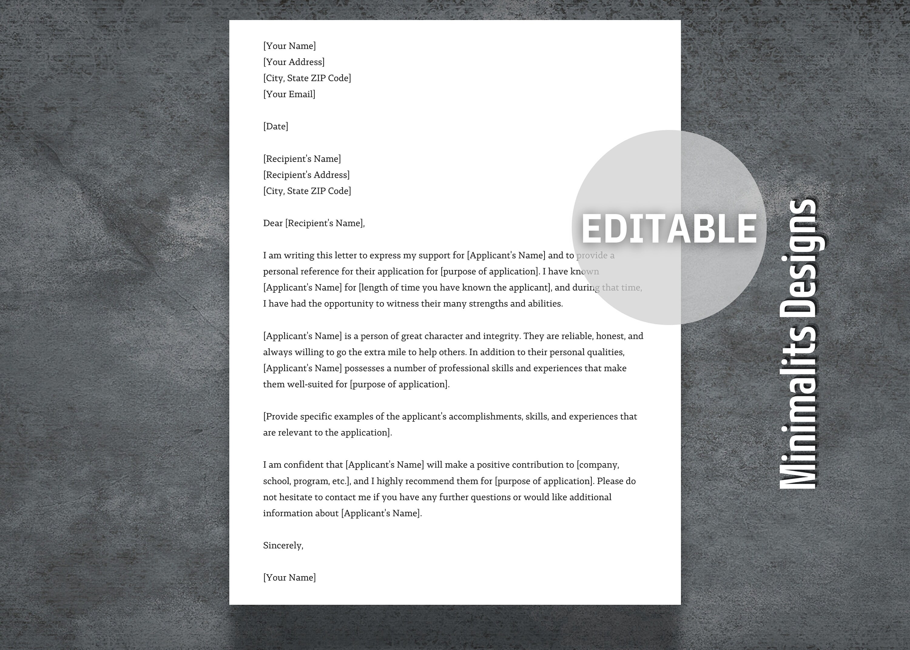 Personal Reference Letter, Supporting Letter, Printable Reference ...