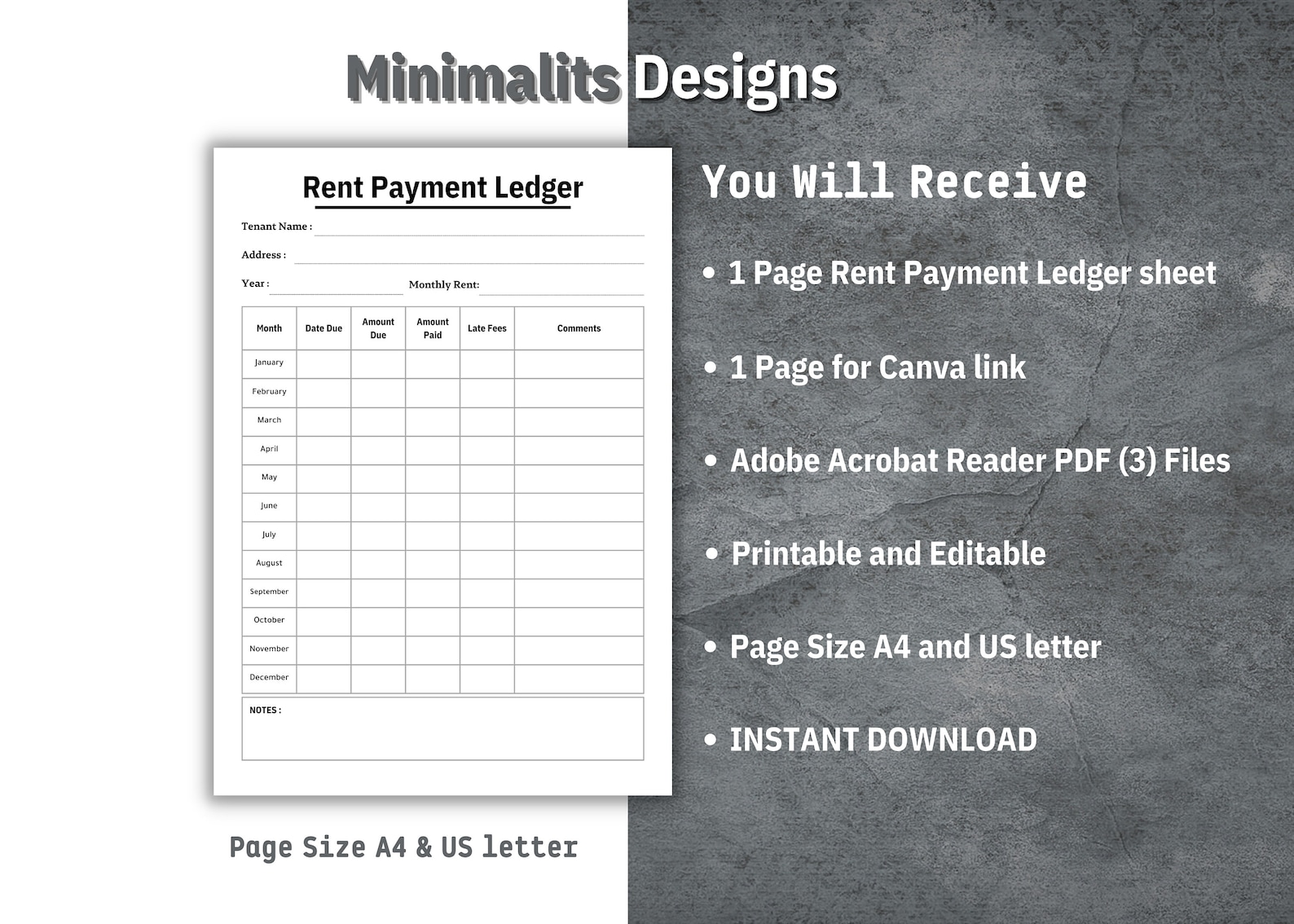 Rent Payment Ledger, Rental Payment Template, Monthly Rent Payment ...