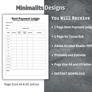 Rent Payment Ledger, Rental Payment Template, Monthly Rent Payment ...