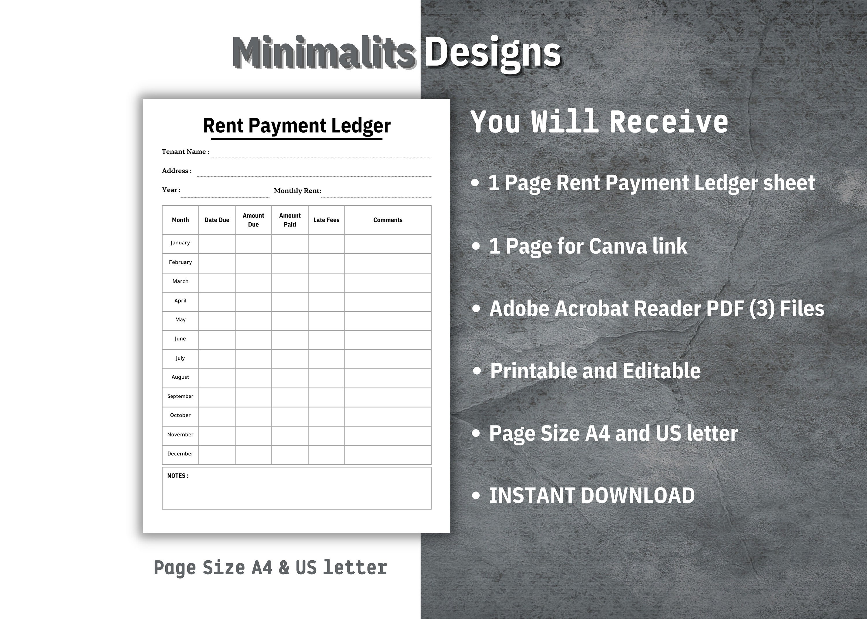 Rent Payment Ledger Rental Payment Template Monthly Rent - Etsy