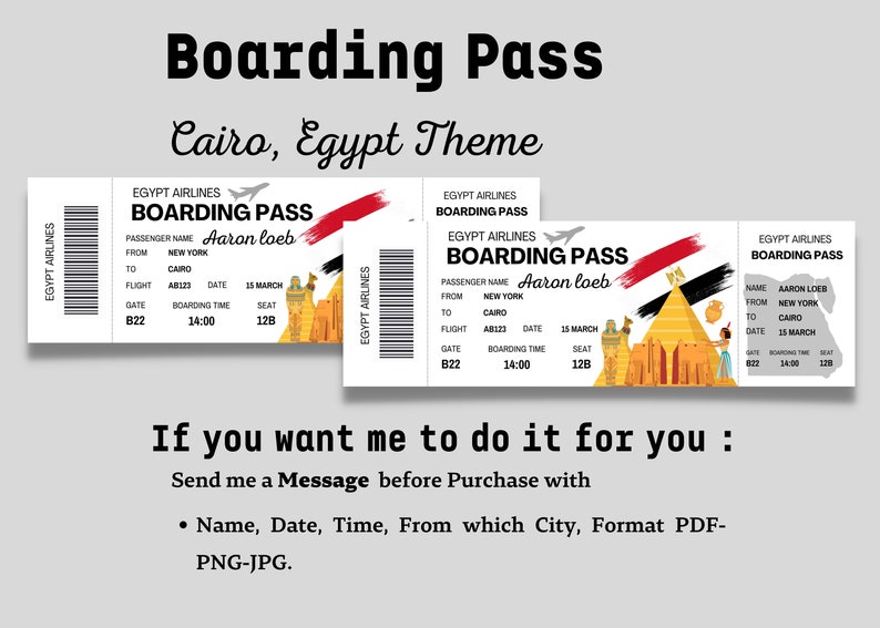 Egypt Boarding Pass, Editable Boarding Pass, Vacation Ticket, Printable Airline Ticket, Boarding ...