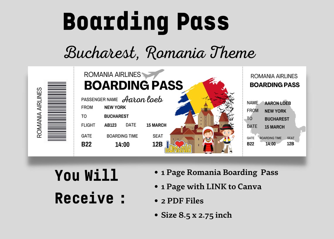 Romania Boarding Pass, Editable Boarding Pass, Vacation Ticket ...