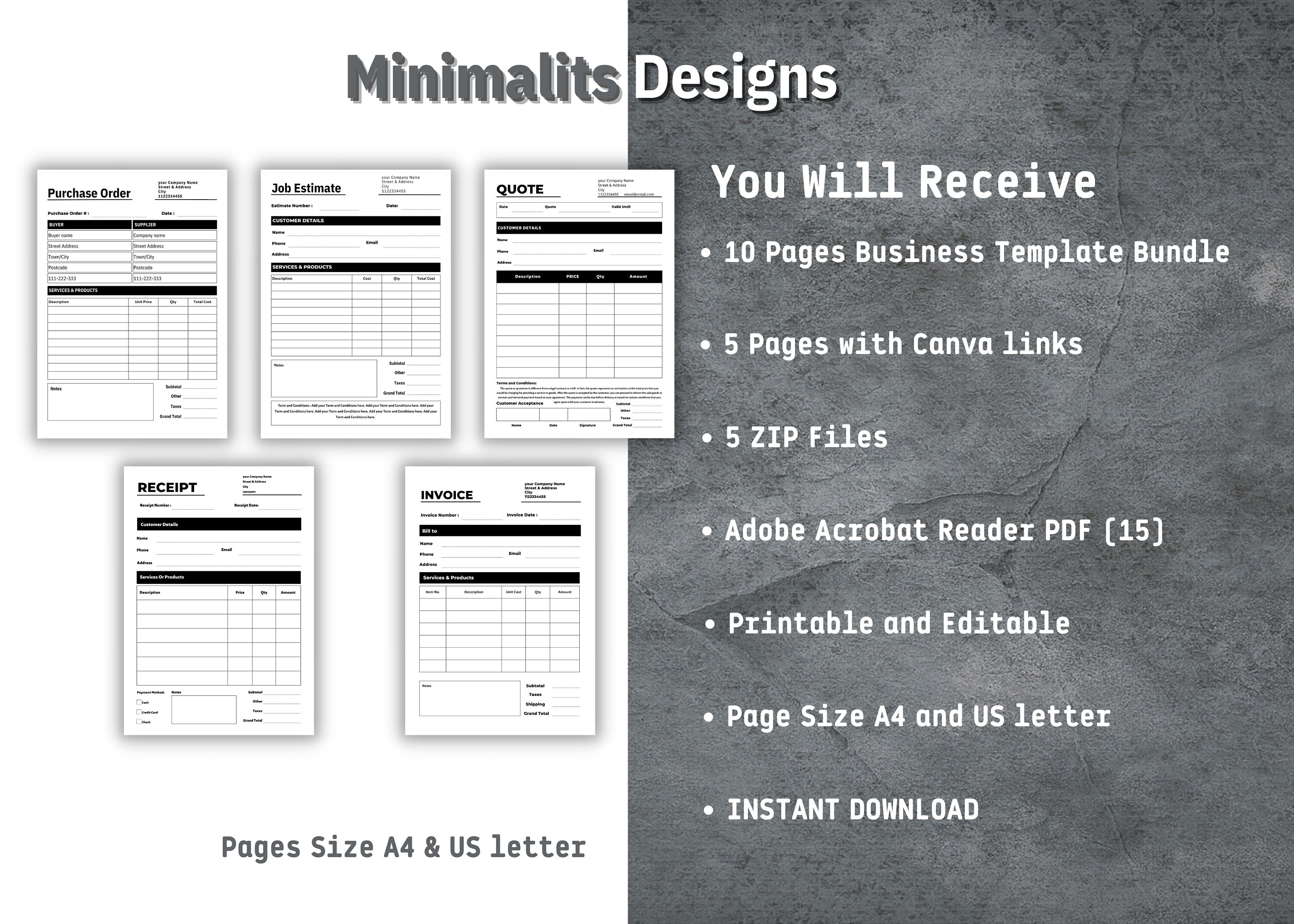 Business Template Bundle, Receipt, Invoice, Job Estimate, Purchase ...