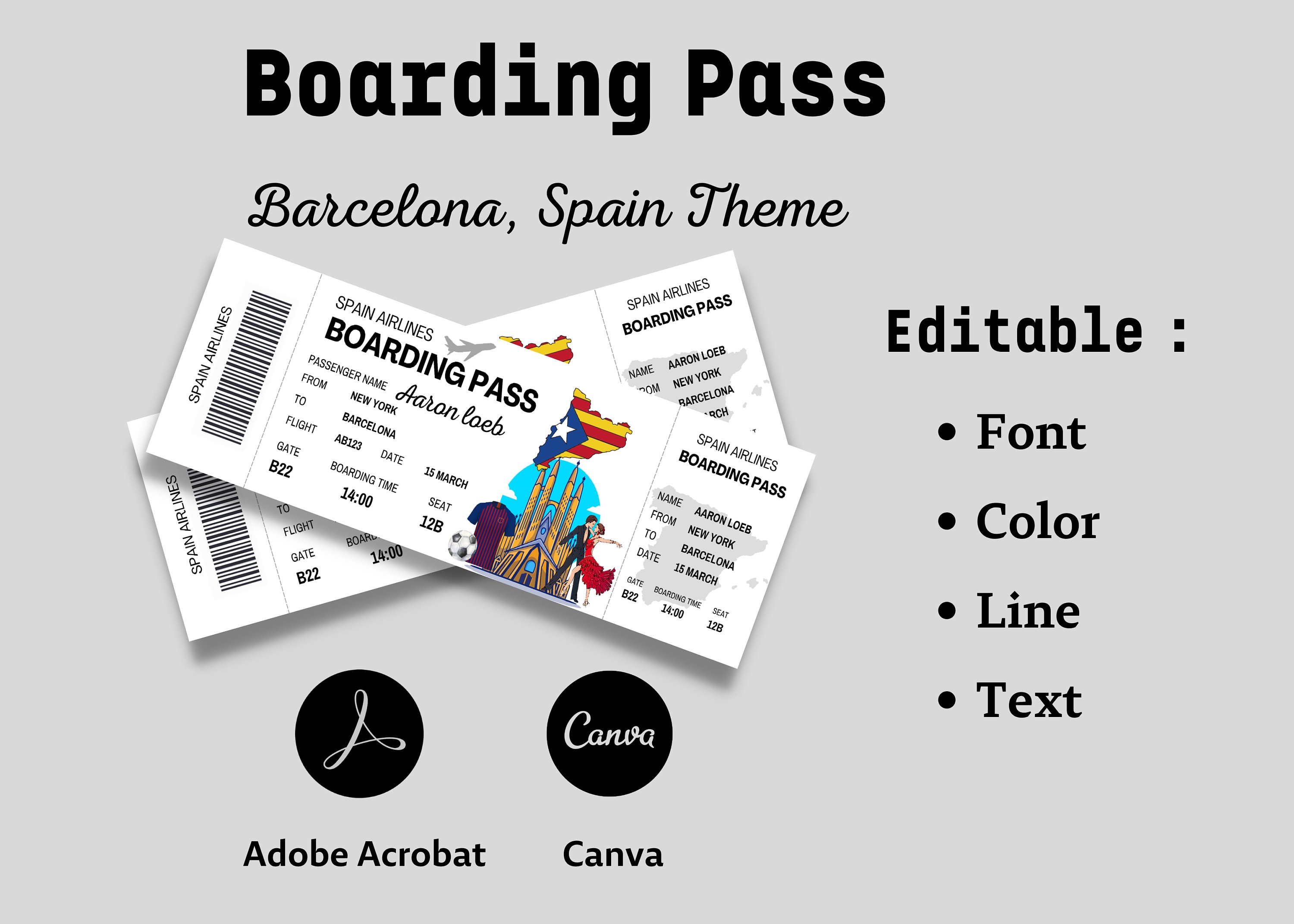 Spain Boarding Pass, Editable Boarding Pass, Vacation Ticket, Printable ...