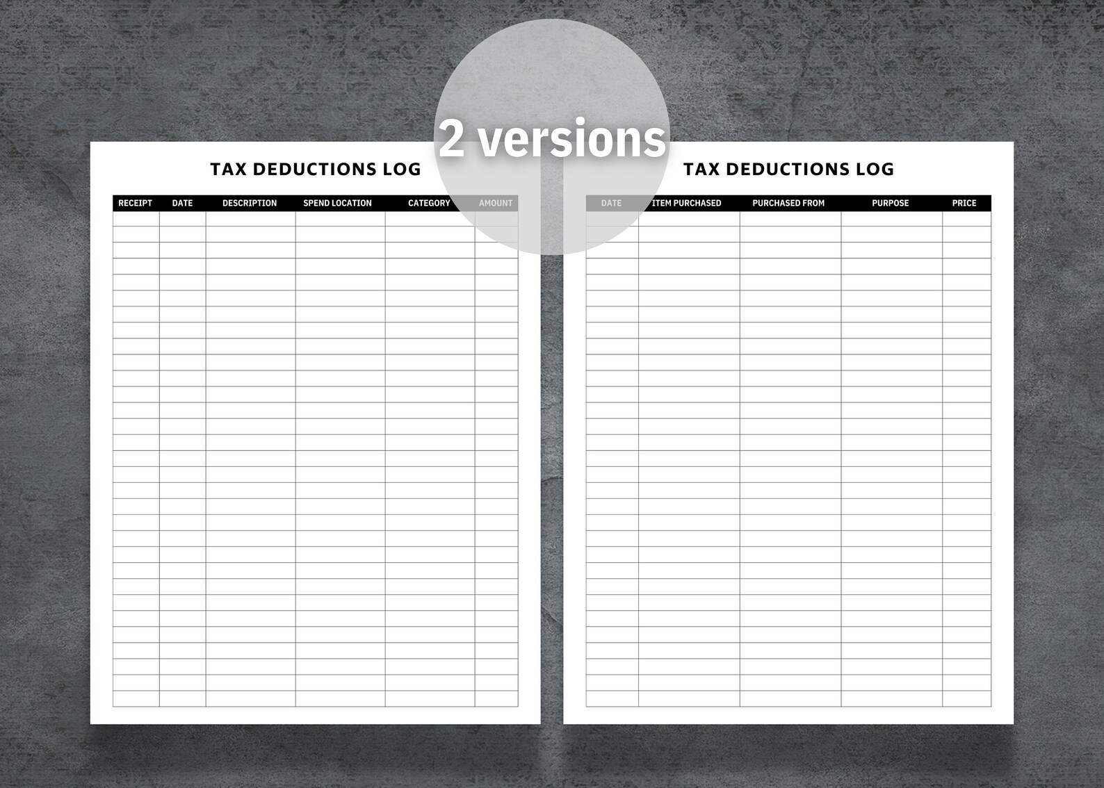 Tax Deductions Log, Financial Planner, Business Tax Log, Purchase ...