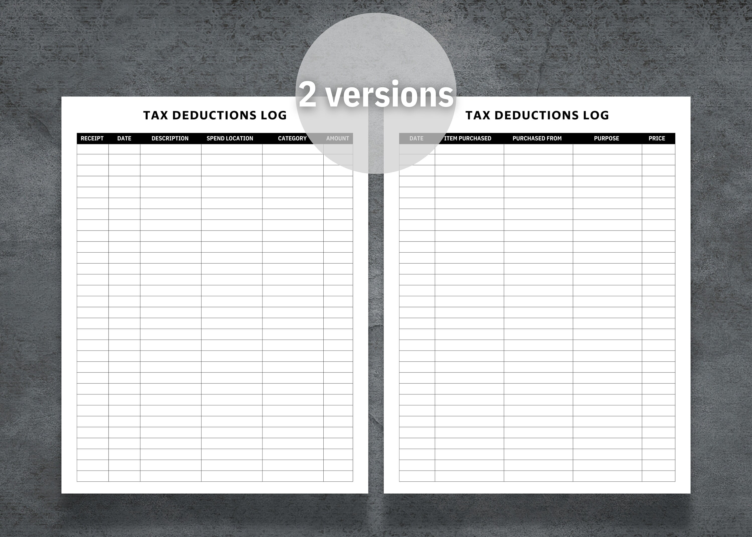 Tax Deductions Log, Financial Planner, Business Tax Log, Purchase ...