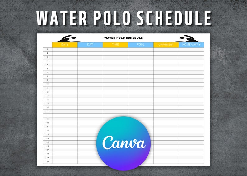 Water Polo Schedule Template, Printable Water Polo Schedule, Editable ...
