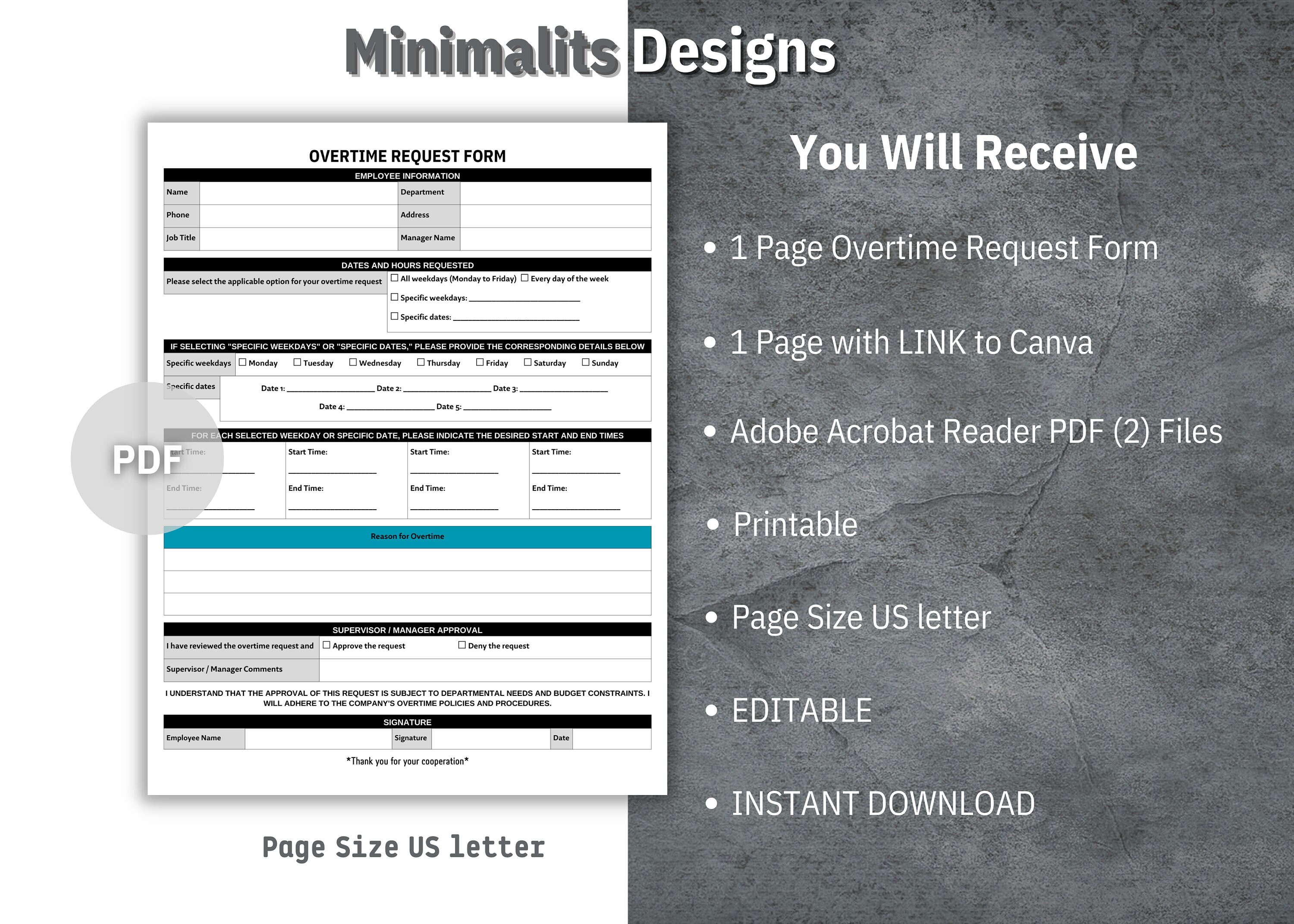 Overtime Request Form, Printable Employee Time Template, HR Templates ...