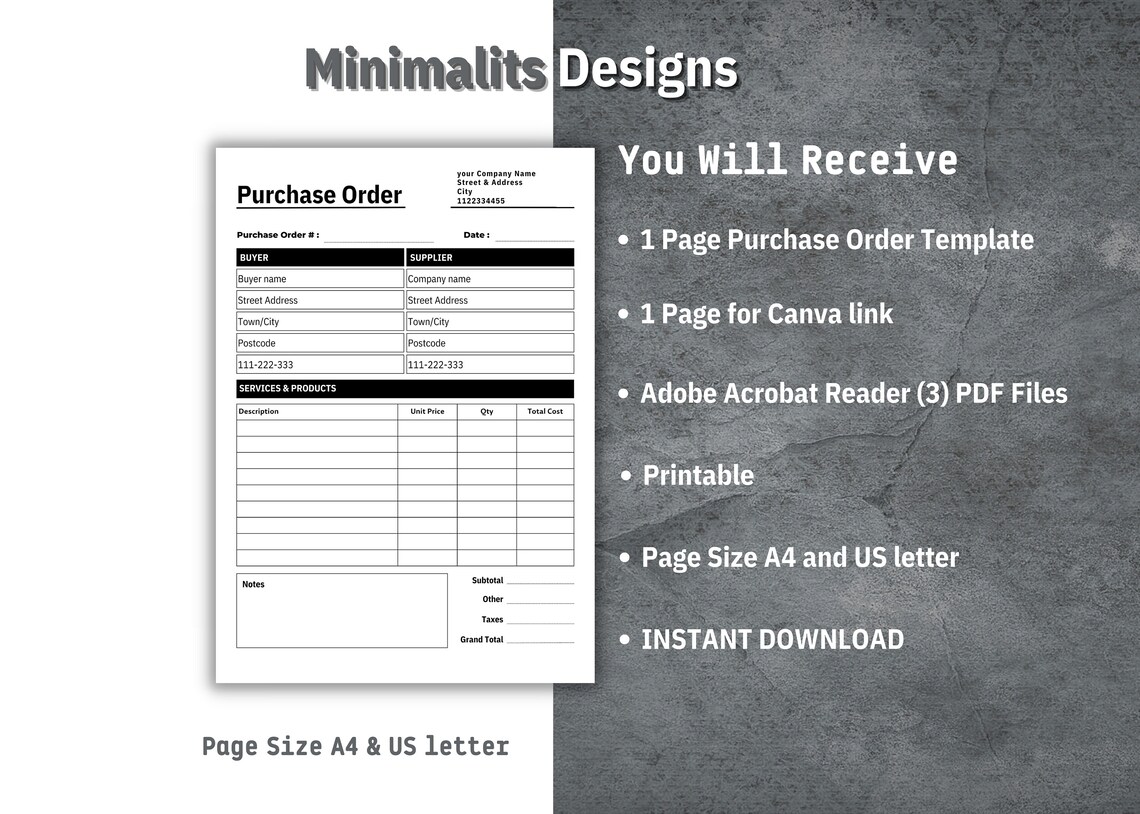 Purchase Order Sheet Editable Purchase Order Form Purchase - Etsy