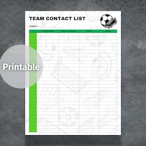 Football Team Contact List, Information Sheet, Printable Contact Sheet ...