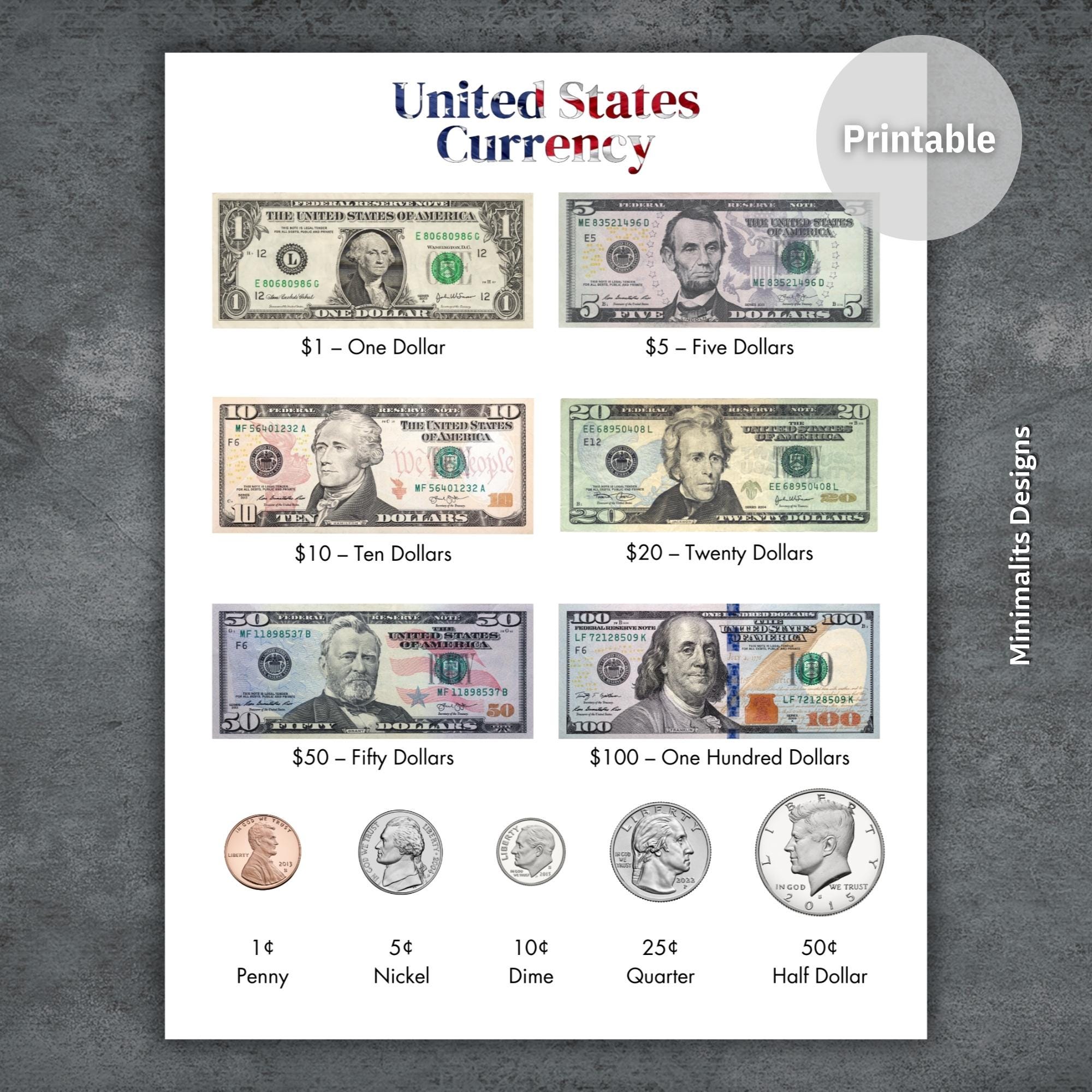 Moneda de Estados Unidos, Tarjetas didácticas para preescolares, Moneda ...
