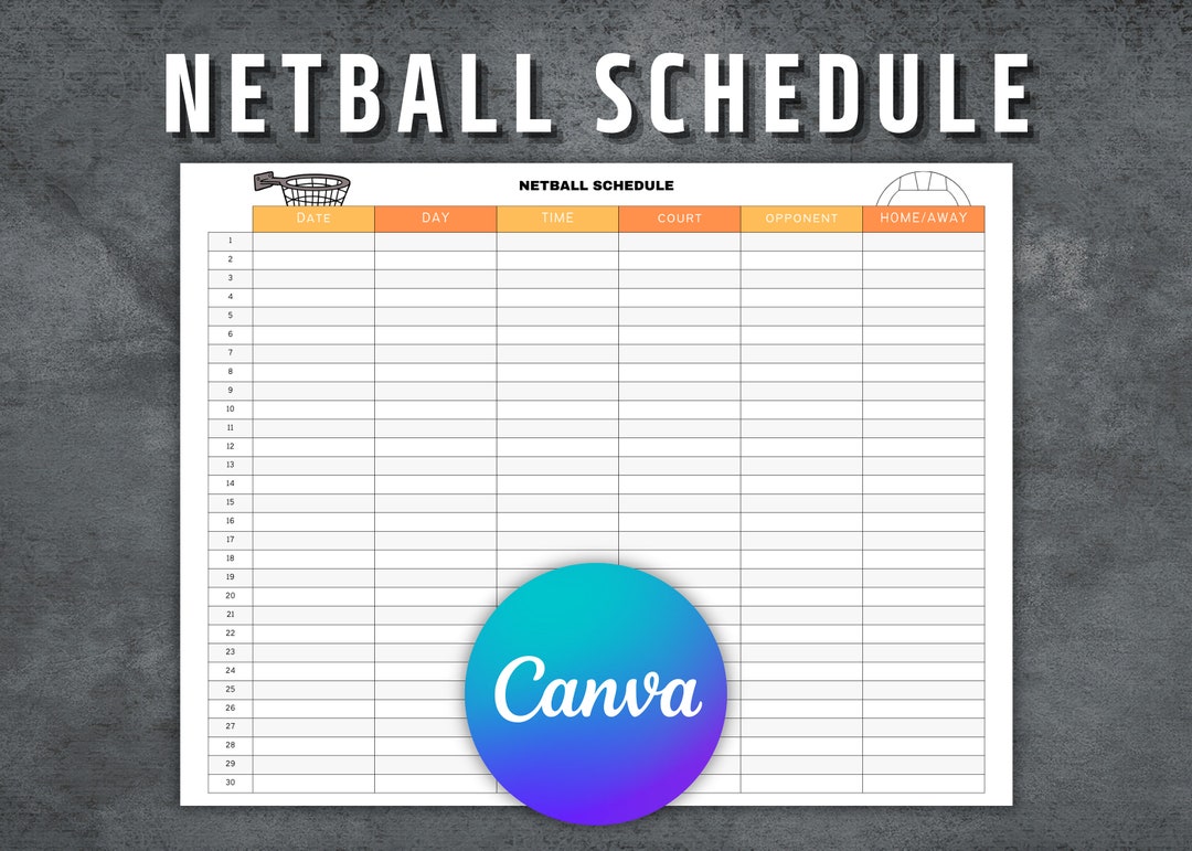 Netball Schedule Template, Printable Netball Schedule, Editable Netball Game Schedule, Netball ...