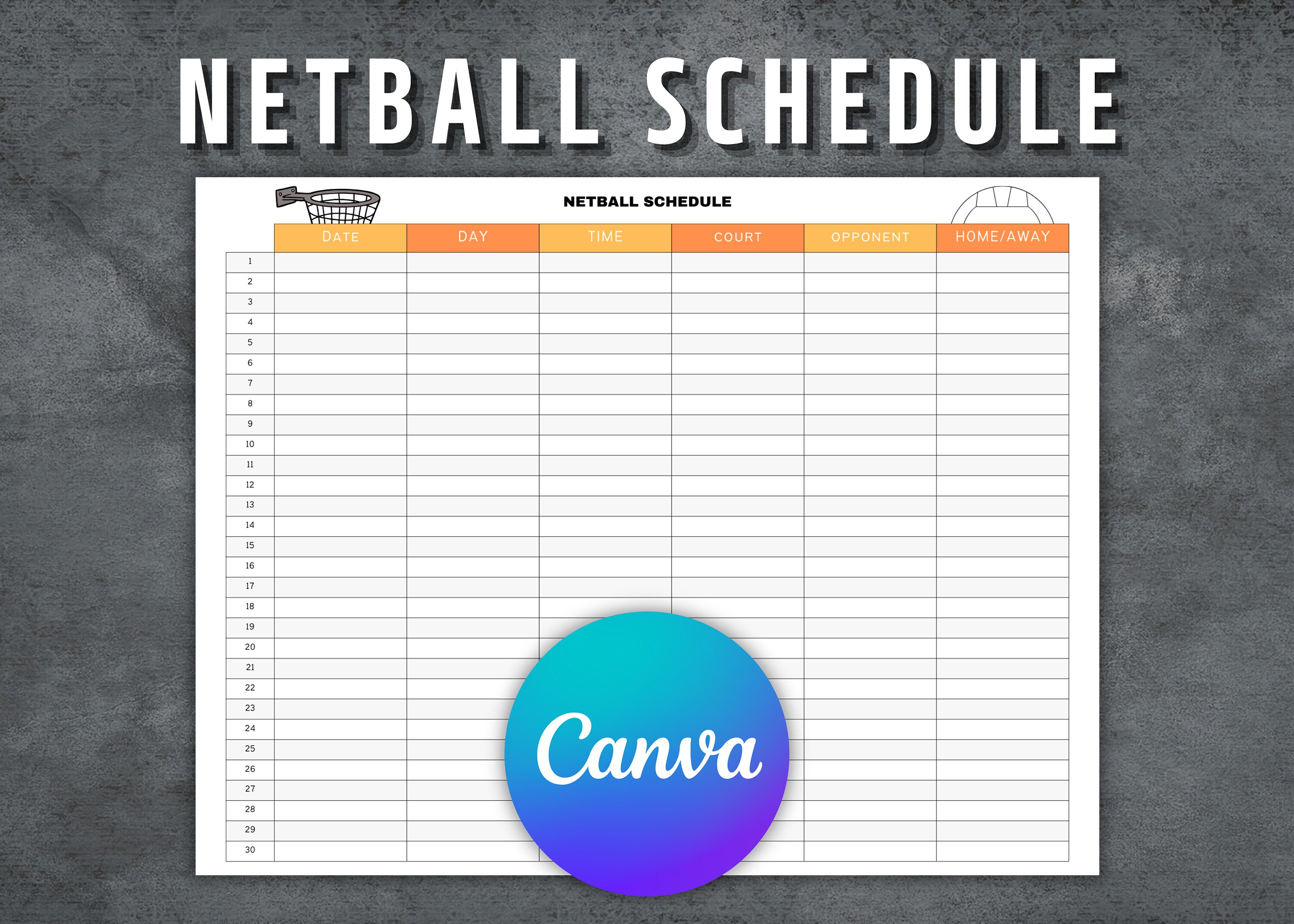 Netball Schedule Template, Printable Netball Schedule, Editable Netball Game Schedule, Netball ...