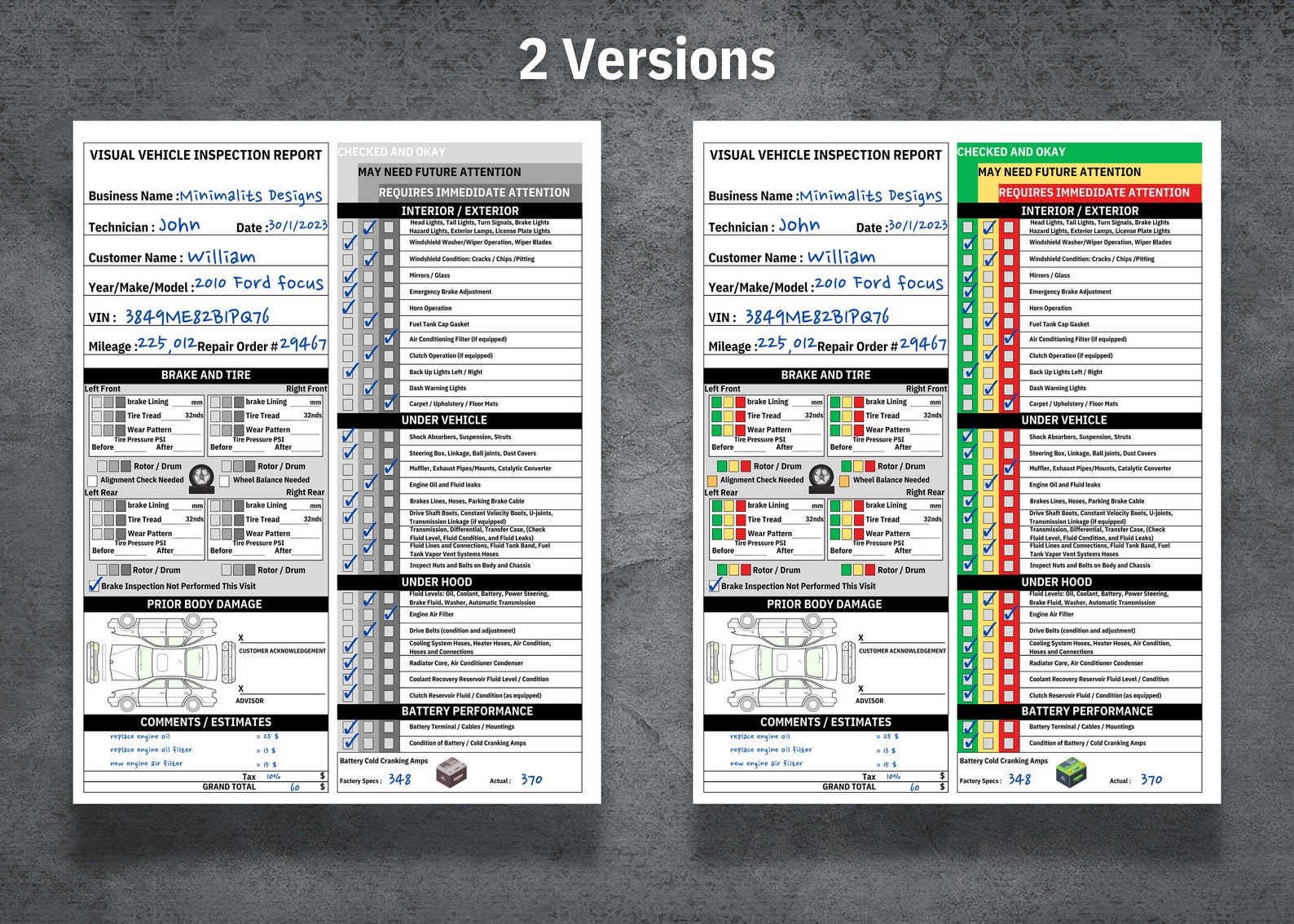 Visual Vehicle Inspection Report, Vehicle Inspection Worksheet, Car ...