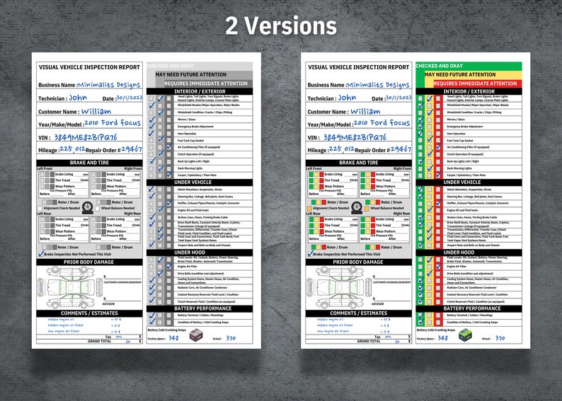 Visual Vehicle Inspection Report, Vehicle Inspection Worksheet, Car ...
