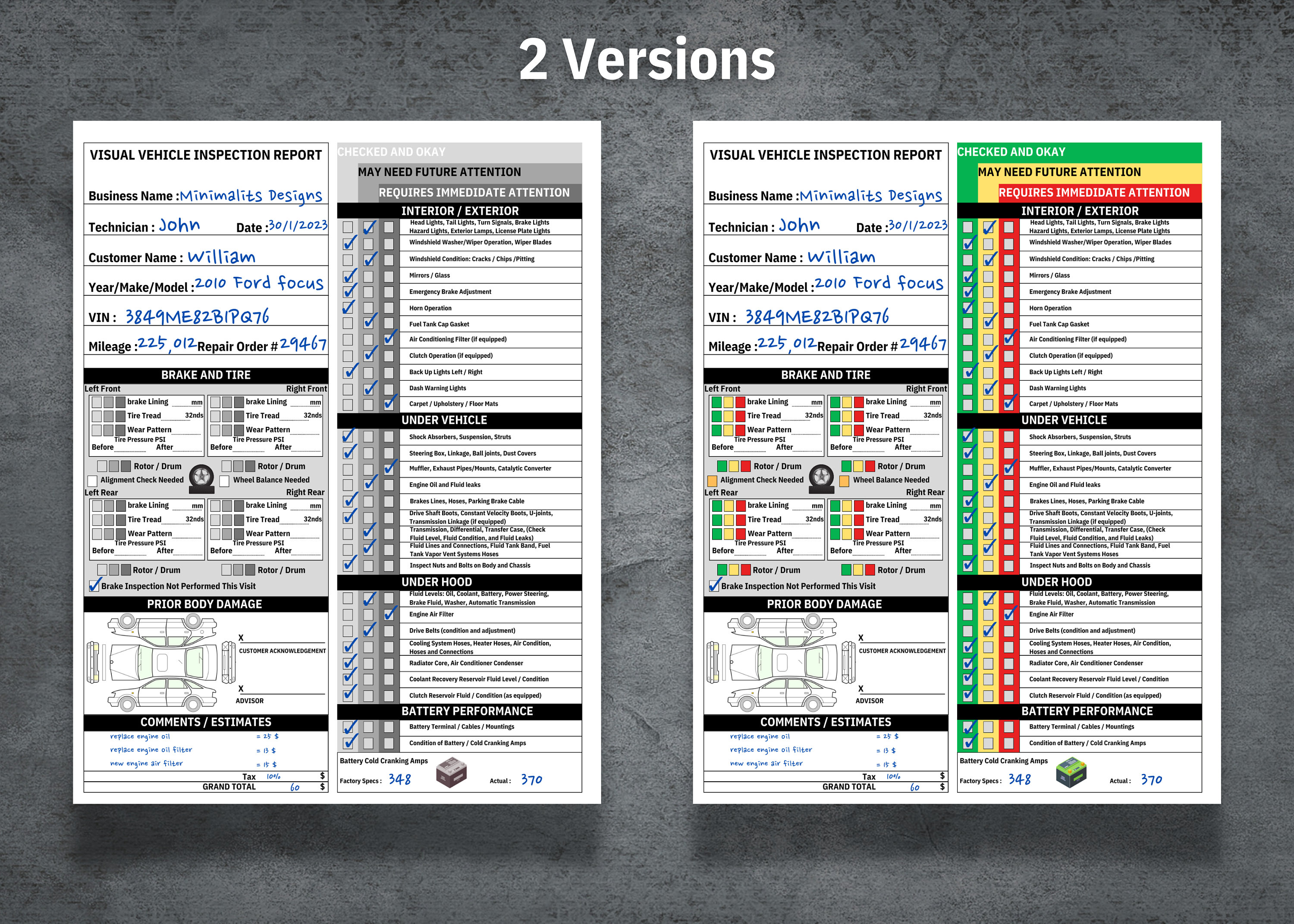Visual Vehicle Inspection Report, Vehicle Inspection Worksheet, Car ...