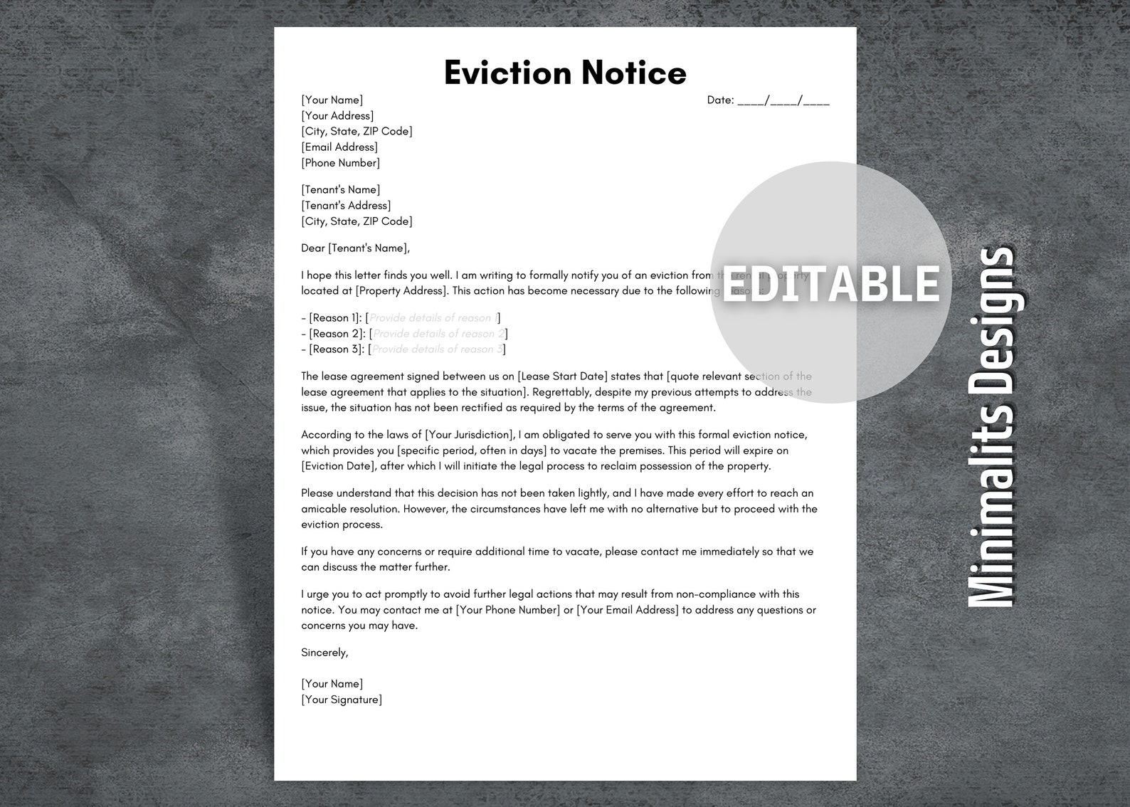 Eviction Notice, Printable Notice to Vacate, Editable Notice of ...