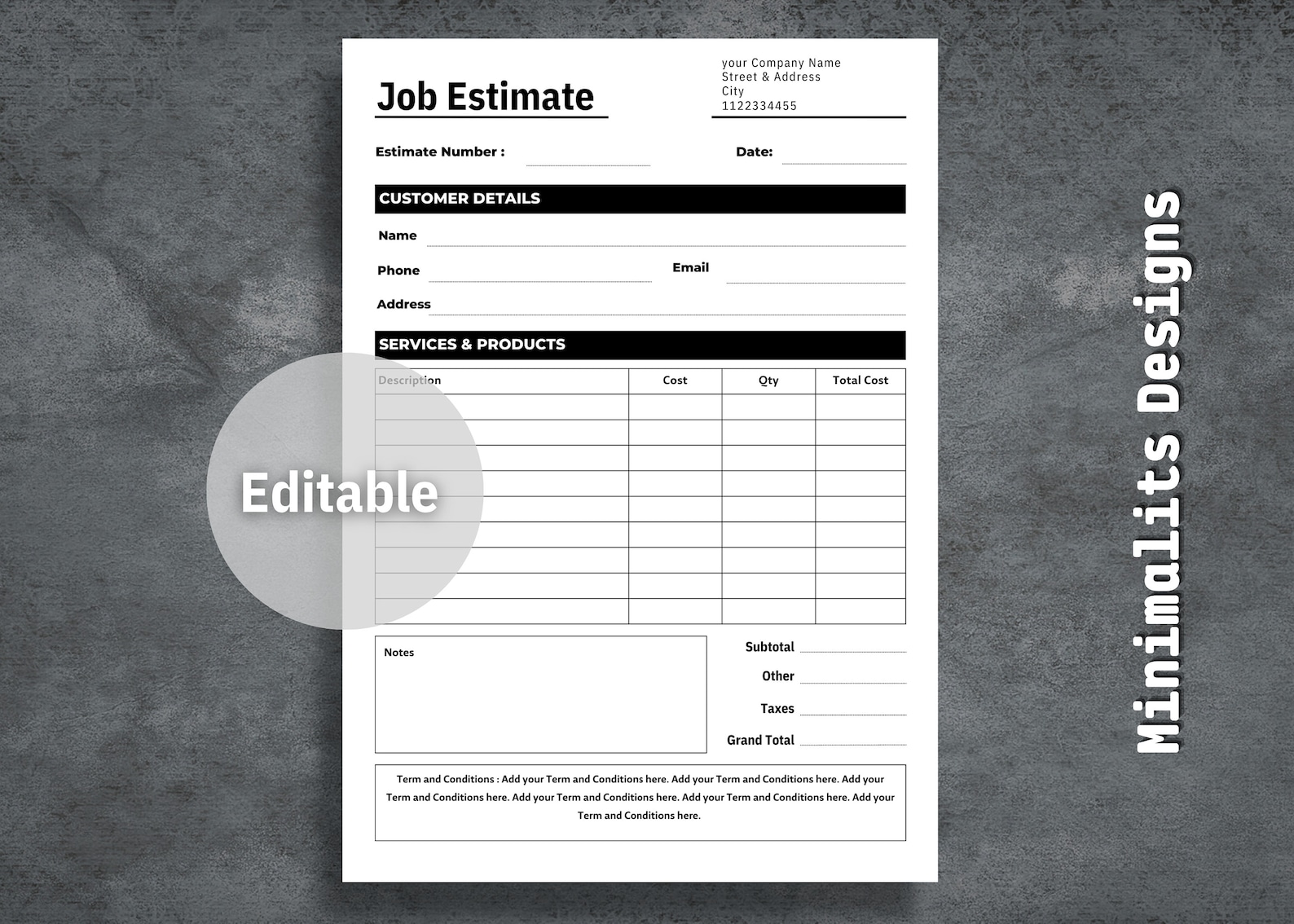 Job Estimate, Editable Job Estimate, Contractor Estimate, Job Estimate ...