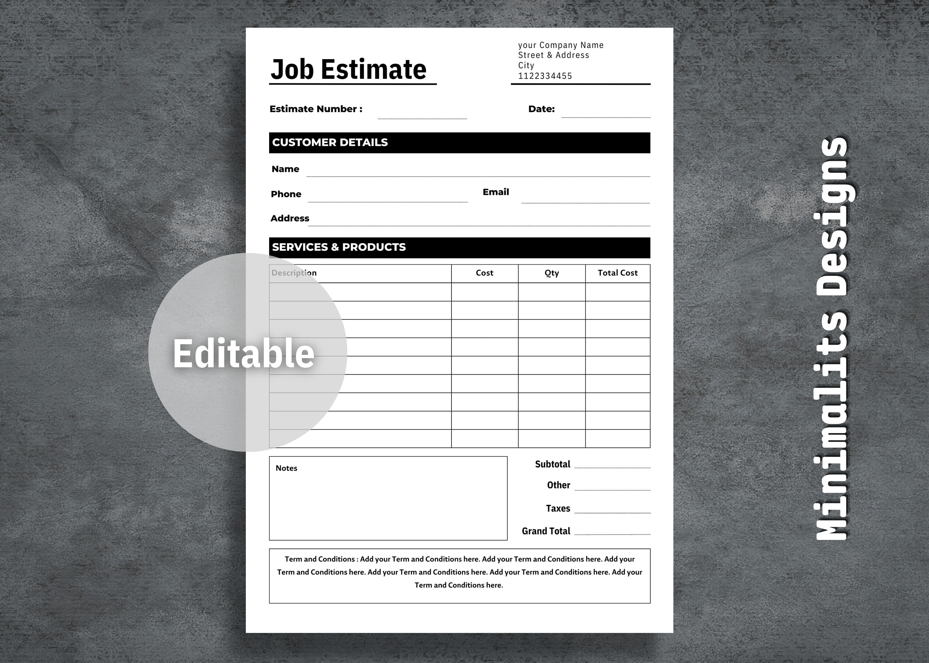Job Estimate, Editable Job Estimate, Contractor Estimate, Job Estimate ...