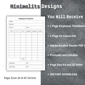 Employee Timesheet, Time Card, Editable Employee Timesheet, Time ...