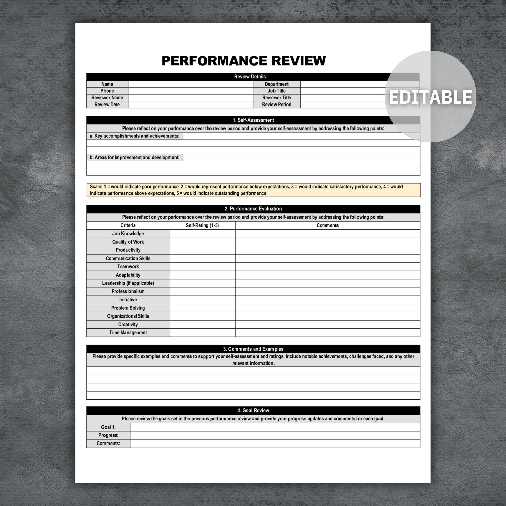 Performance Review Template, Printable Performance Review Form, Human ...