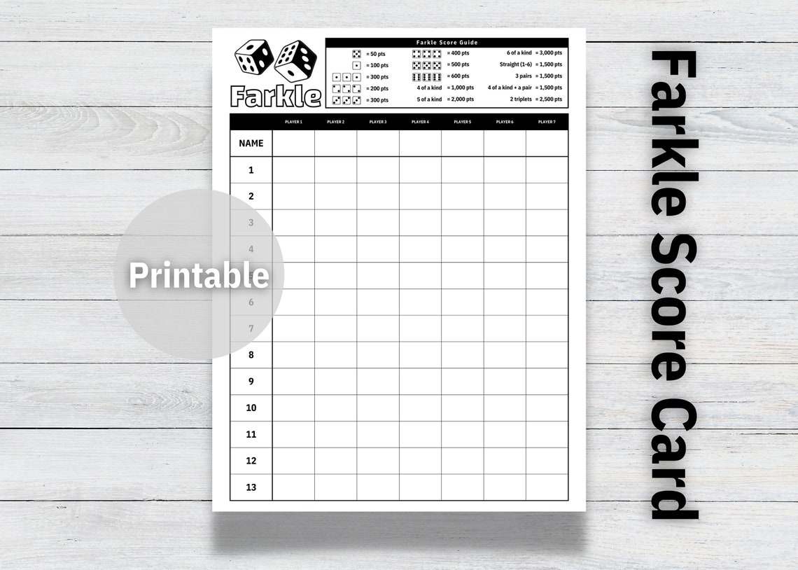 Farkle Score Card, Farkle Score Pad, Dice Game Card, Farkle Game ...