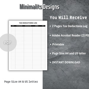 Tax Deductions Log, Financial Planner, Business Tax Log, Purchase ...