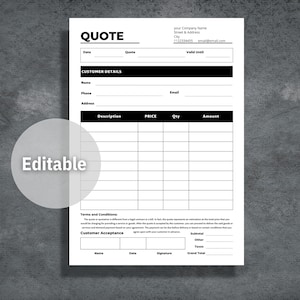 Quote Template, Editable Quote Sheet, Job Proposal, Job Quote, Quote ...