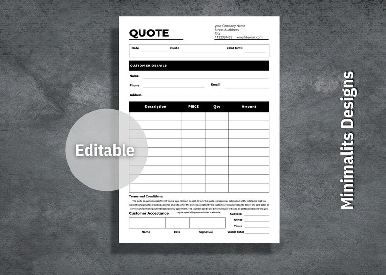 Quote Template, Editable Quote Sheet, Job Proposal, Job Quote, Quote ...