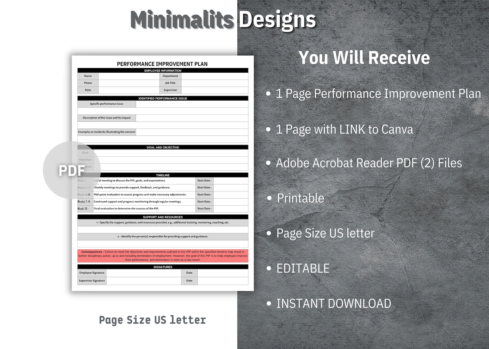 Performance Improvement Plan Template, Printable PIP Form, Human ...
