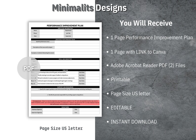 Performance Improvement Plan Template, Printable PIP Form, Human ...
