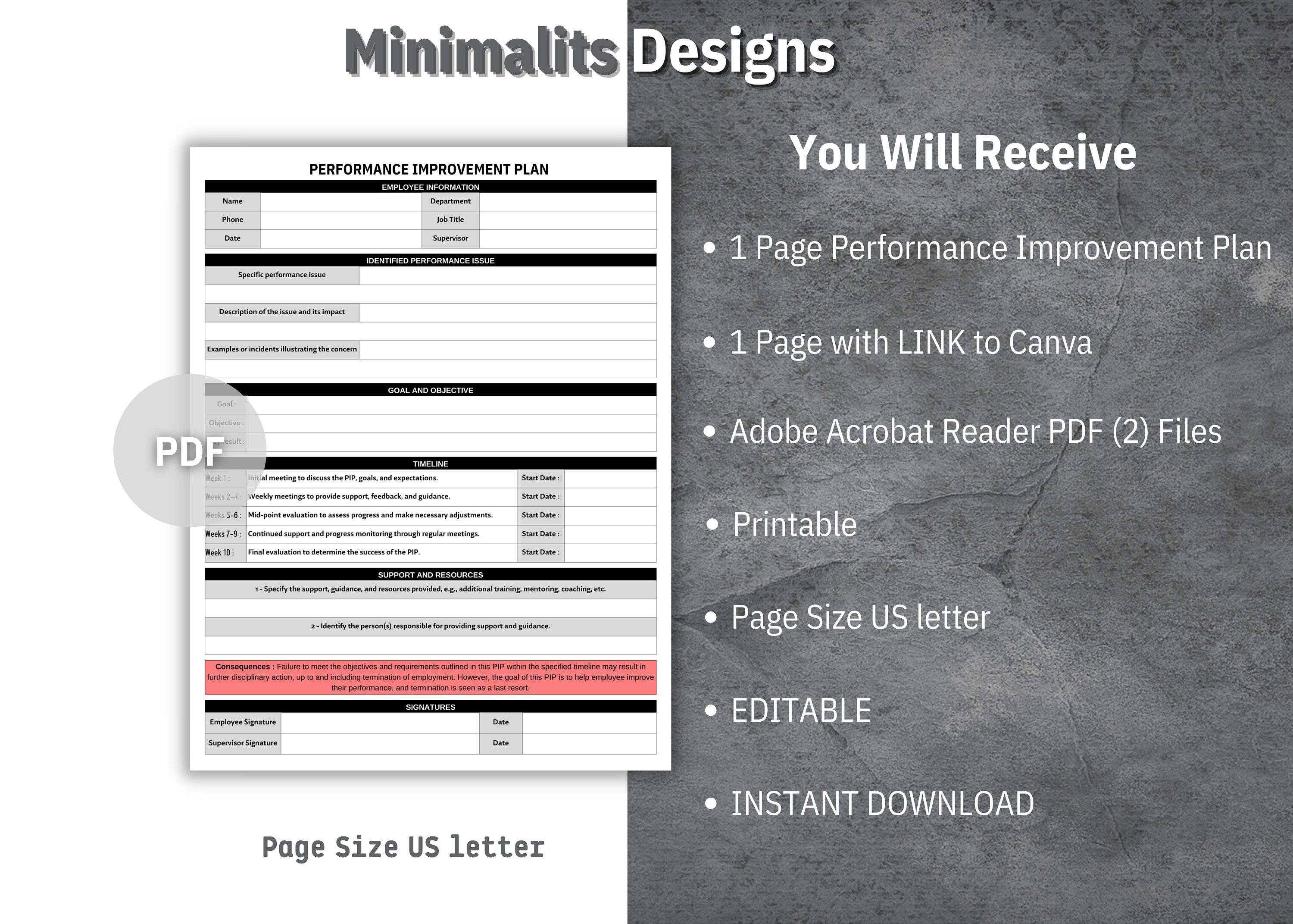 Performance Improvement Plan Template, Printable PIP Form, Human ...