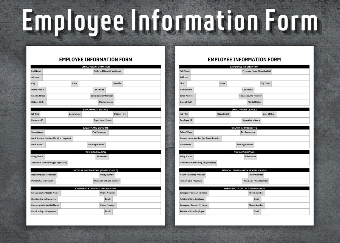 Employee Information Form, Printable New Hire Template, HR Template ...
