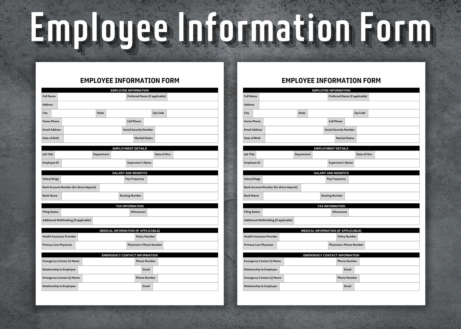 Employee Information Form, Printable New Hire Template, HR Template ...