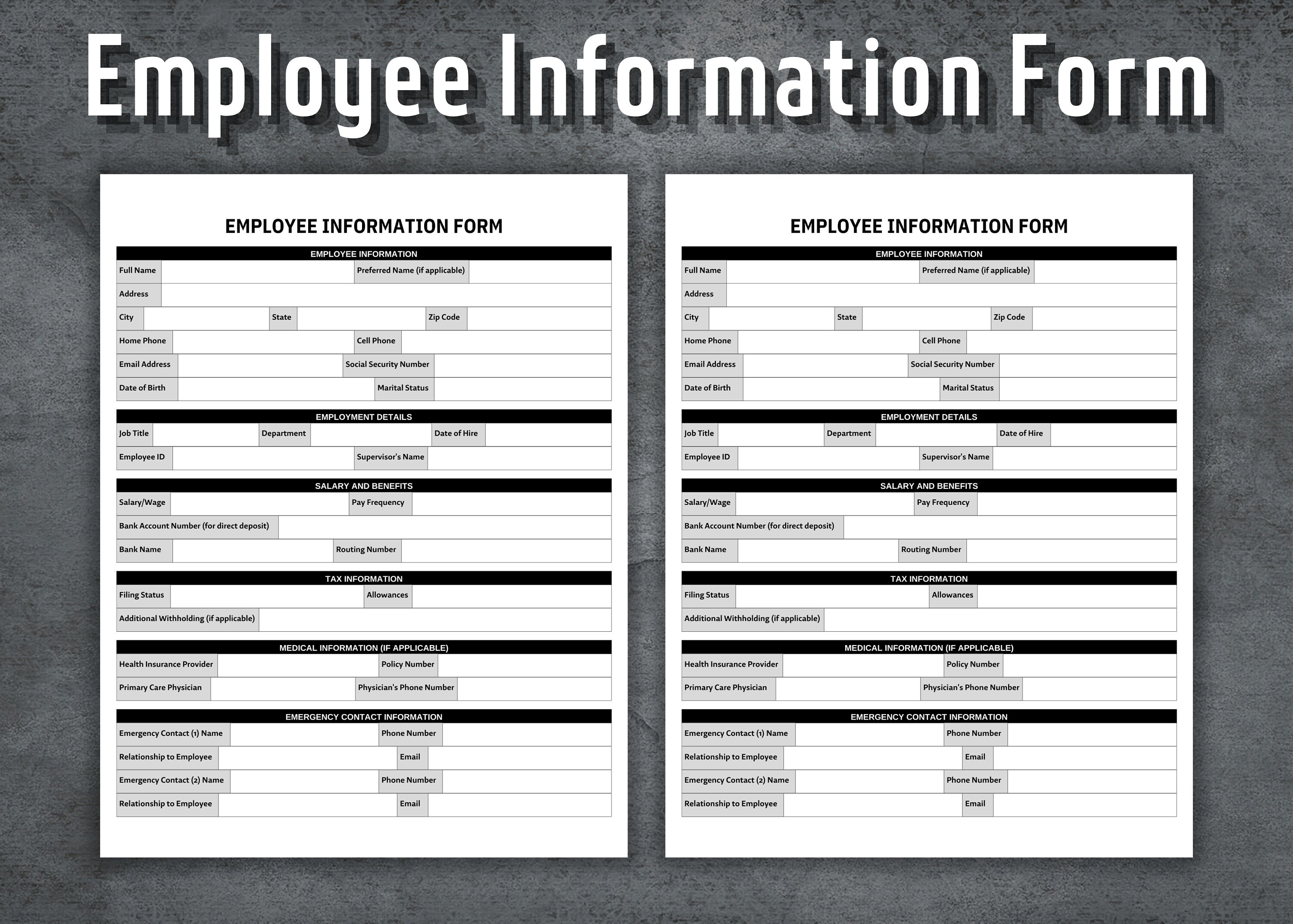 Employee Information Form, Printable New Hire Template, HR Template ...