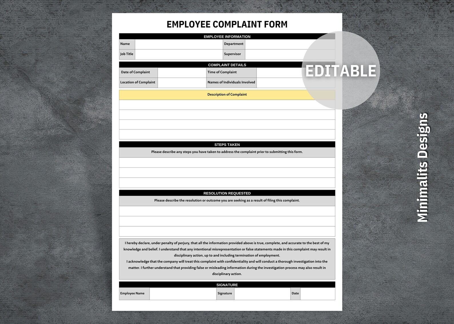Employee Complaint Form, Printable Employee Complaint Template, HR ...