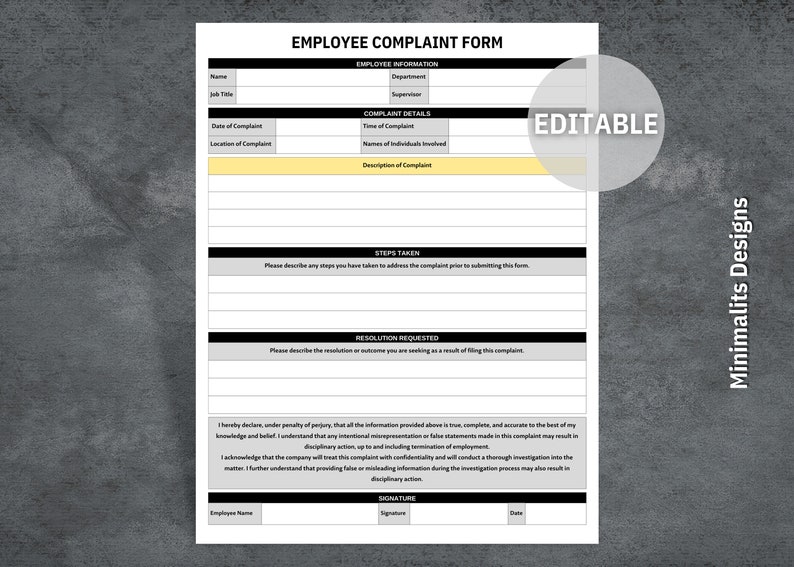 Employee Complaint Form, Printable Employee Complaint Template, HR Template, Human Resources ...