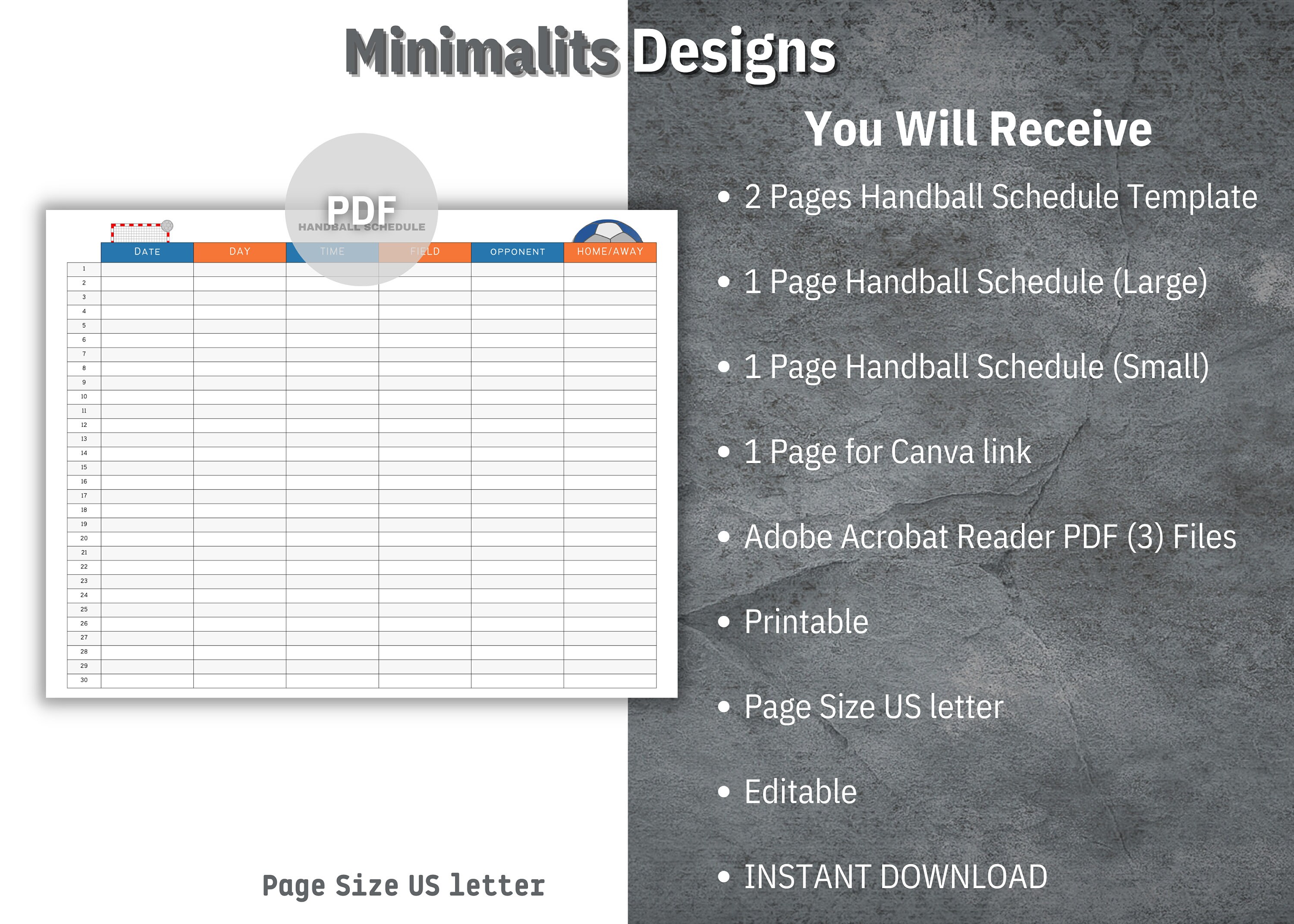 Handball Schedule Template, Printable Handball Schedule, Editable ...