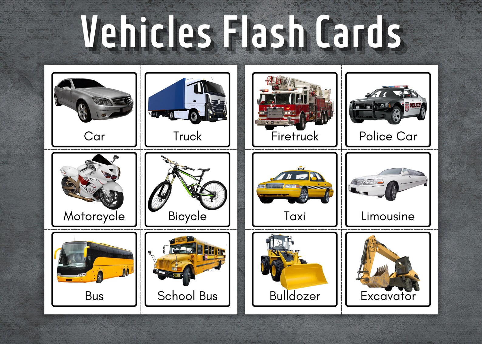 Vehicles Flash Cards, Preschool Flashcards, Printable Montessori Cards ...