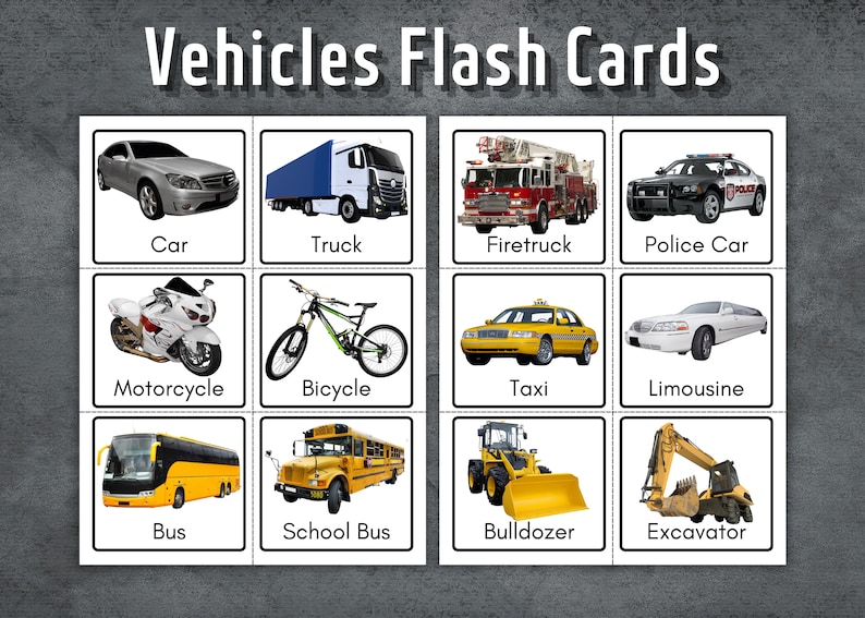 Vehicles Flash Cards, Preschool Flashcards, Printable Montessori Cards ...