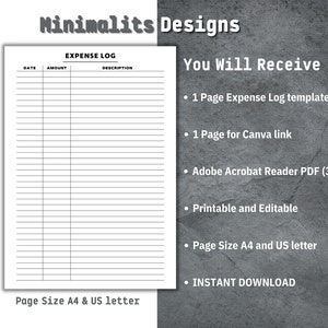 Expense Log, Spending Log, Purchase Tracker, Expense Tracker, Printable ...