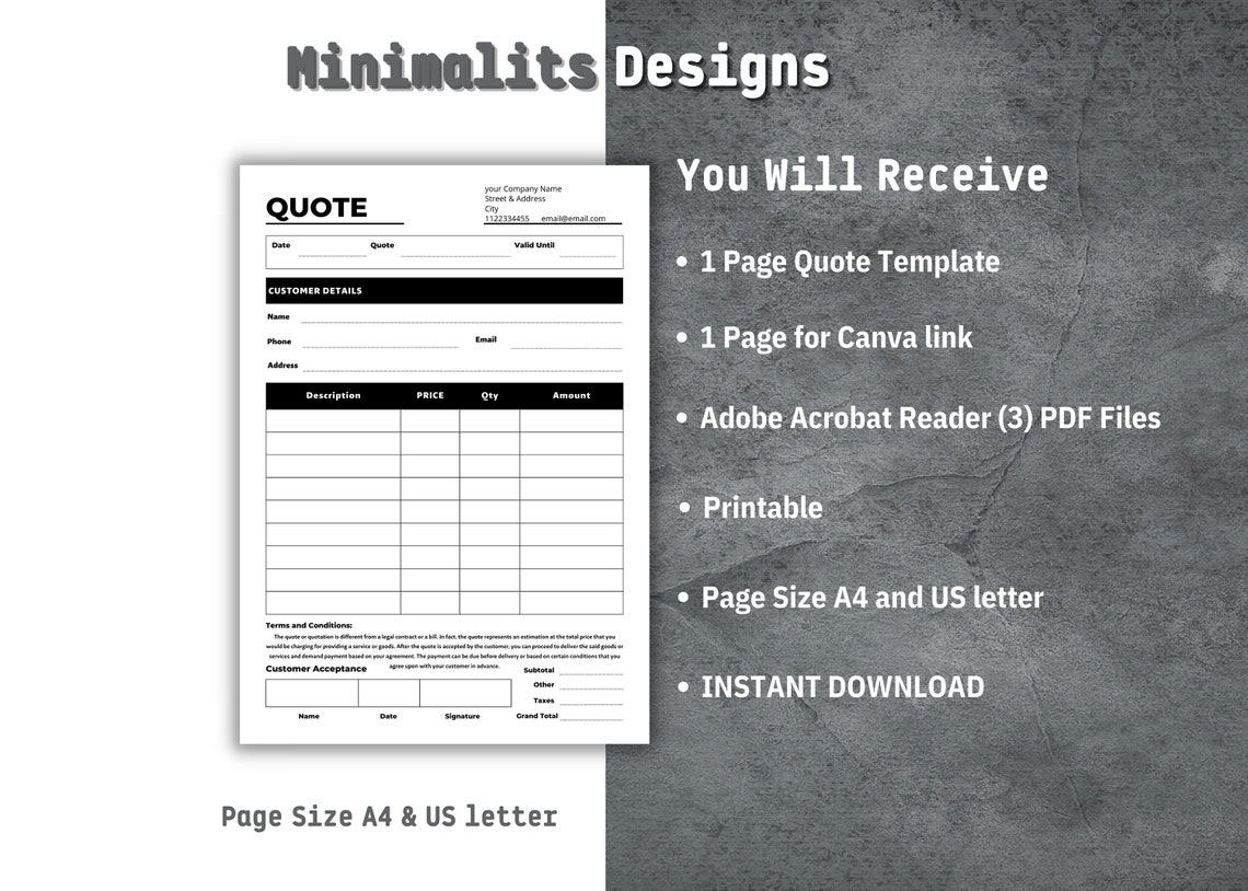 Quote Template, Editable Quote Sheet, Job Proposal, Job Quote, Quote ...