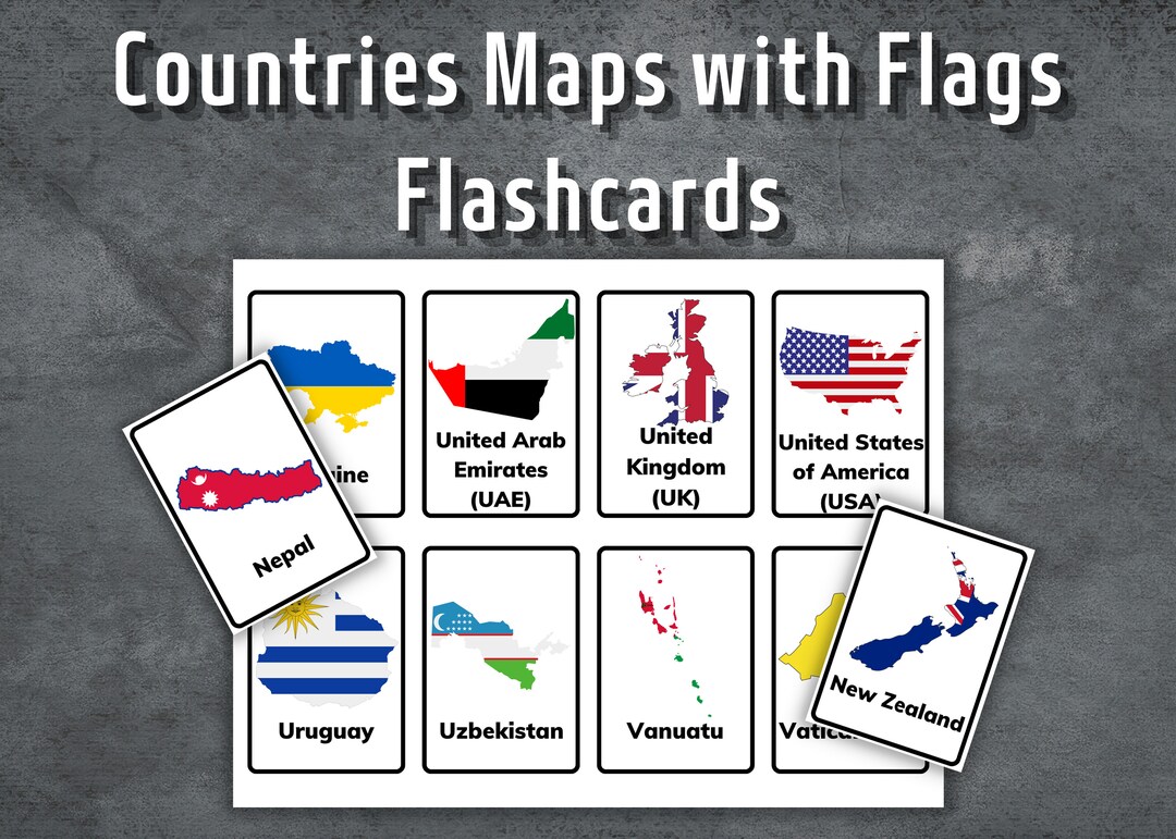 Countries Maps With Flags Flash Cards, Printable Flashcards, United ...