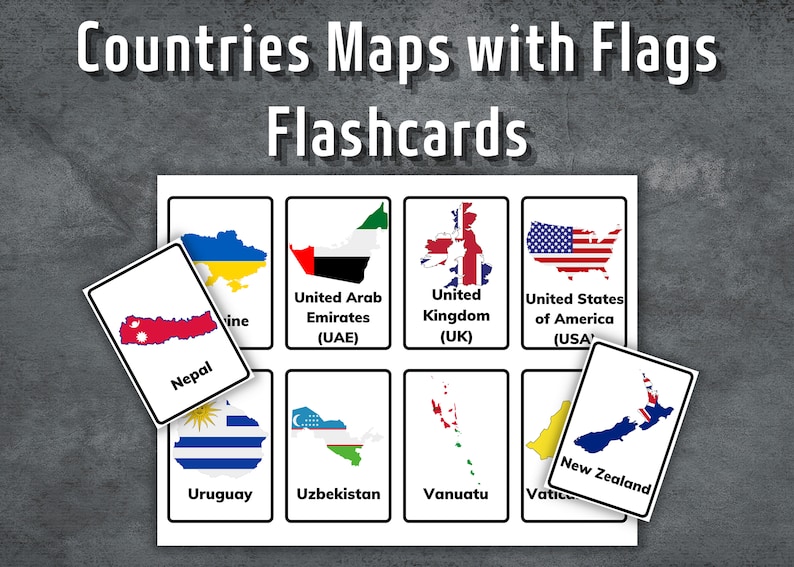 Countries Maps With Flags Flash Cards, Printable Flashcards, United ...