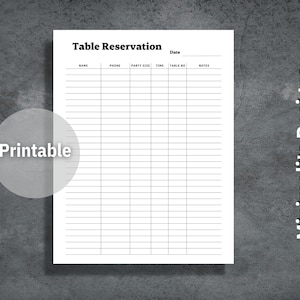 Table Reservation List, Restaurant Table Reservation List, Printable ...