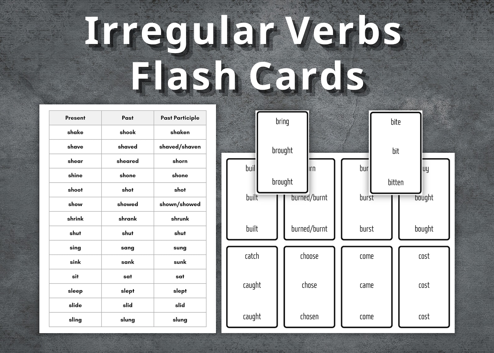 Irregular Verbs Flash Cards, Preschool Flashcards, Printable Montessori ...
